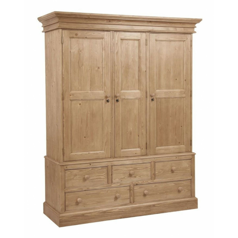 Armoire penderie 3 portes 5 tiroirs bois massif beige - interior's ...