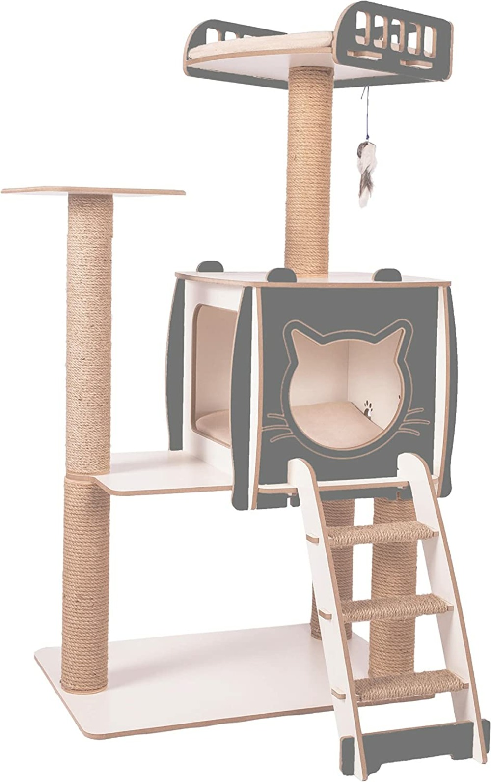 Arbre à chat avec niche escalier griffoir en bois et jute 115 cm ergo ...