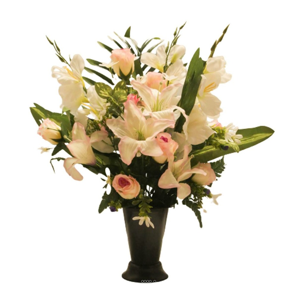 Composition fleurs artificielles cimetière cône roses, lys h57 cm d51 ...