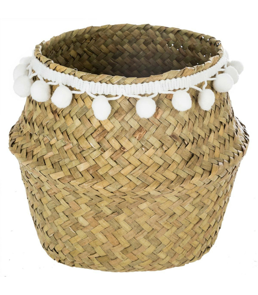 Petit panier en osier avec pompons blancs | Truffaut