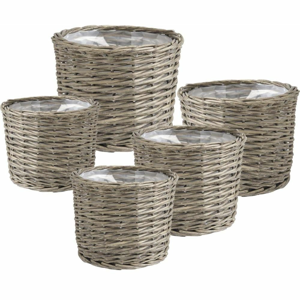 Cache pot rond en osier gris (lot de 5) | Truffaut