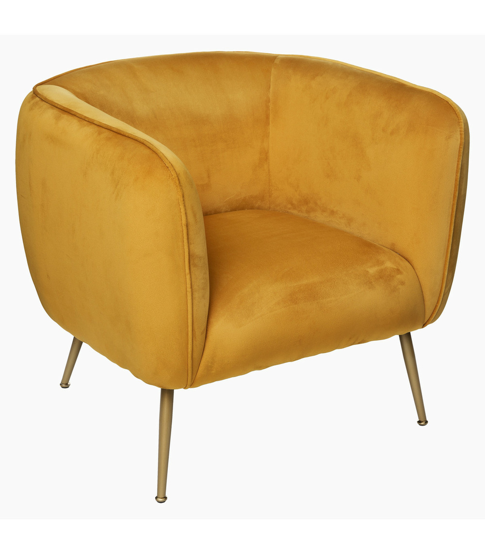 Fauteuil en velours jaune moutarde et pieds en métal doré | Truffaut
