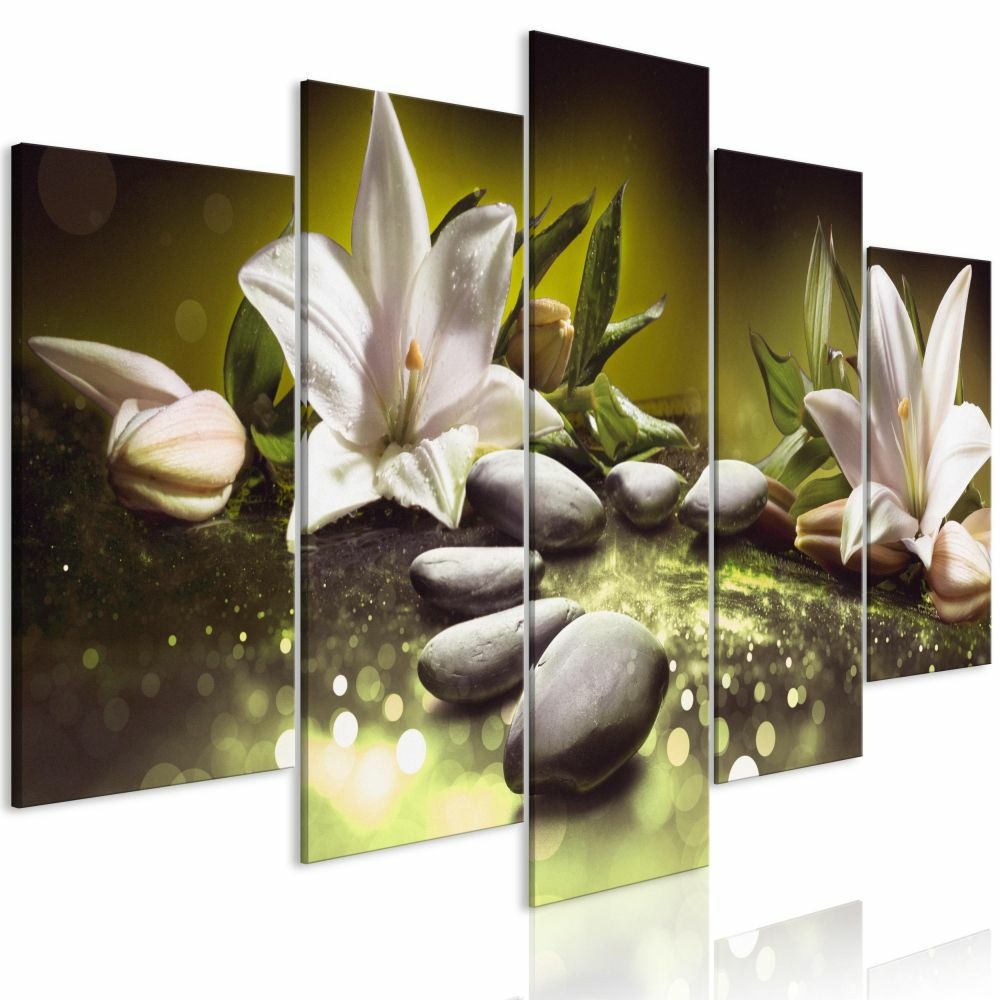 Tableau - lilies and stones (5 parts) wide green 100x50 cm | Truffaut