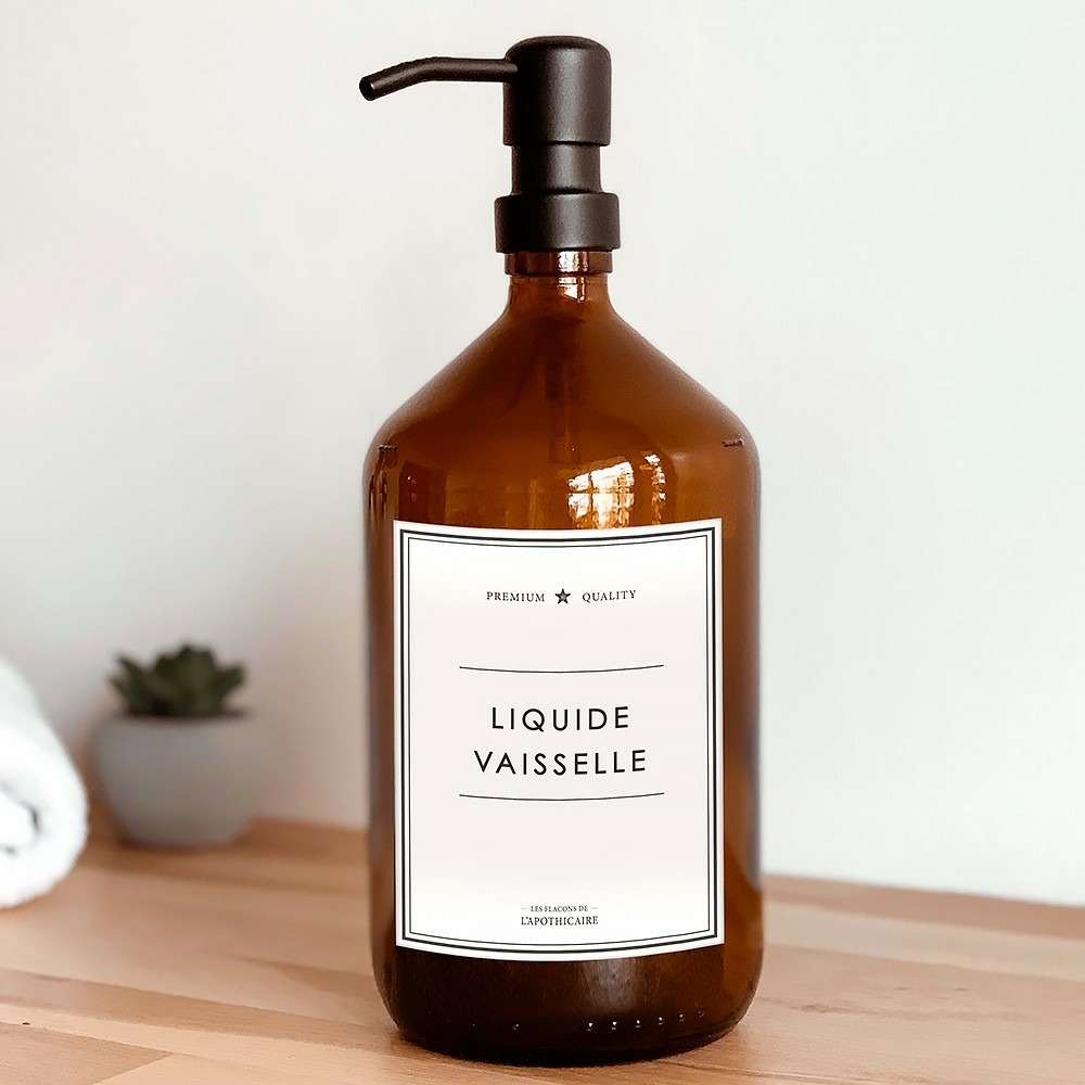 Flacon vide liquide vaisselle 1 litre - verre ambré -pompe noire | Truffaut