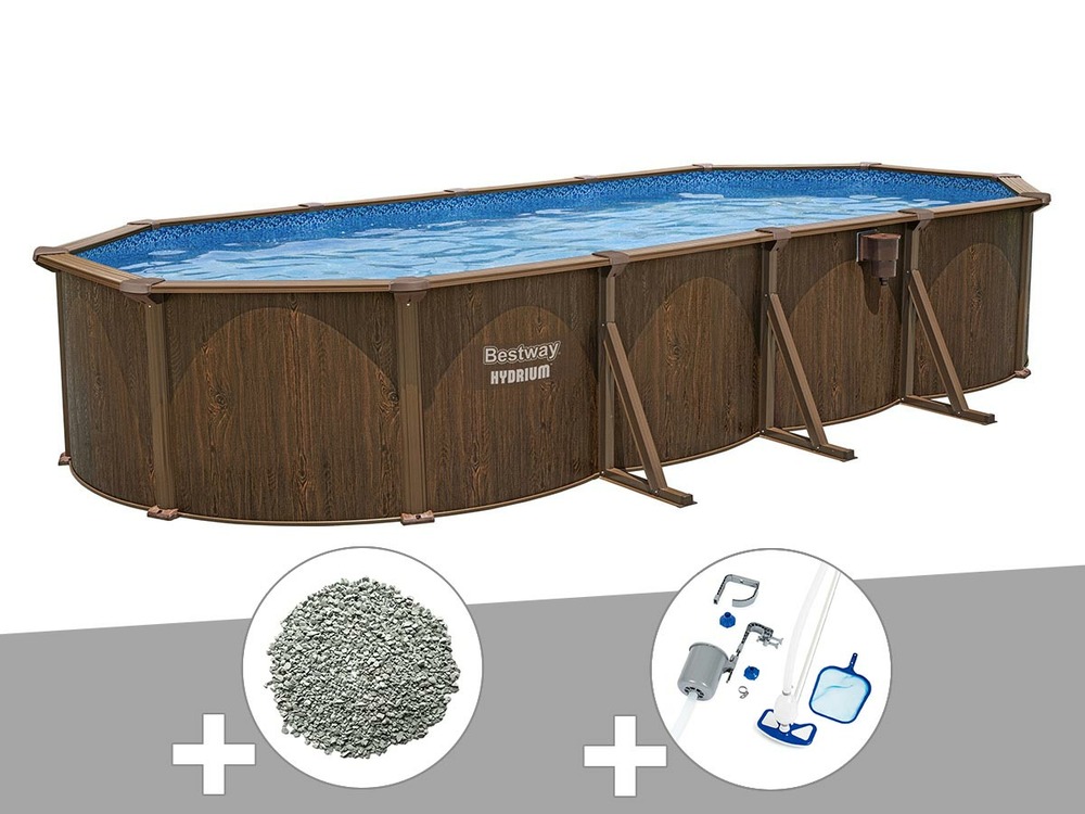 Kit piscine acier hydrium effet bois ovale 7,30 x 3,60 x 1,30 m + 10 kg ...