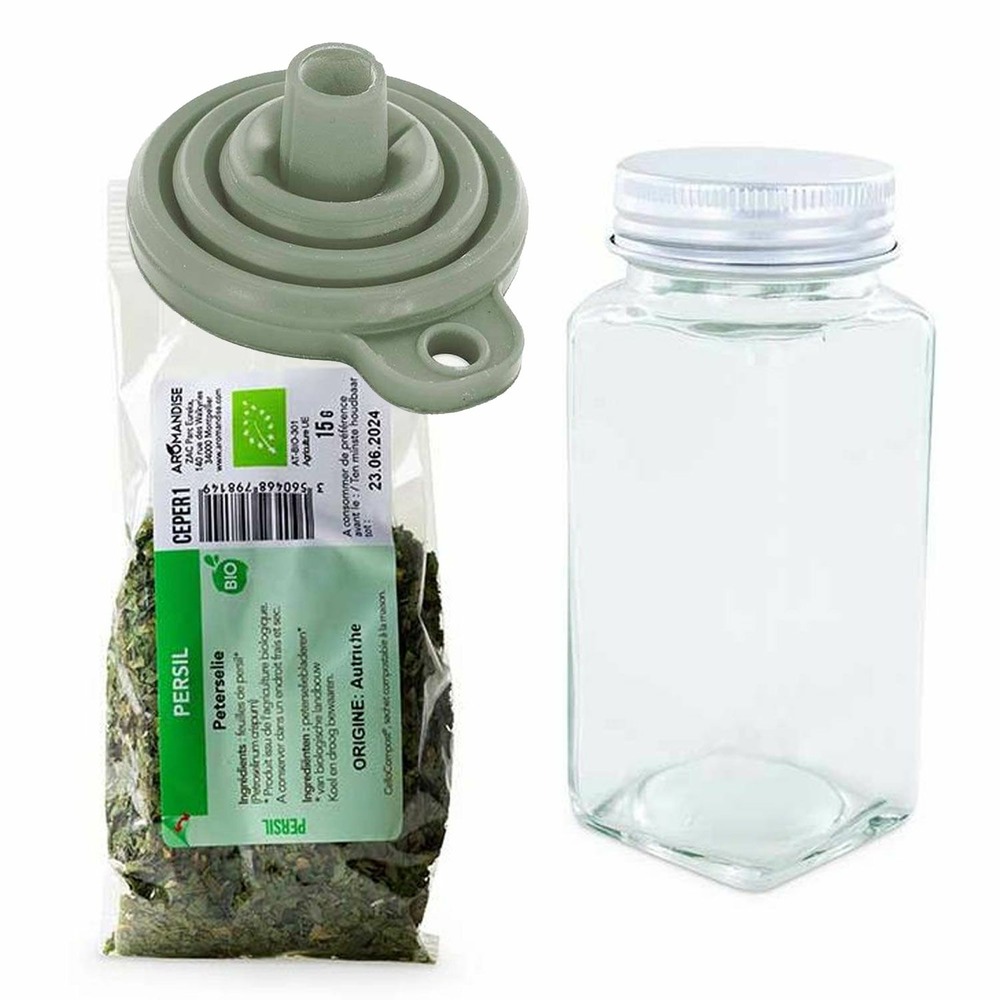 Flacon à épices poudreur + entonnoir + persil bio 15 g | Truffaut Flacon à épices poudreur + entonnoir + persil bio 15 g | Truffaut