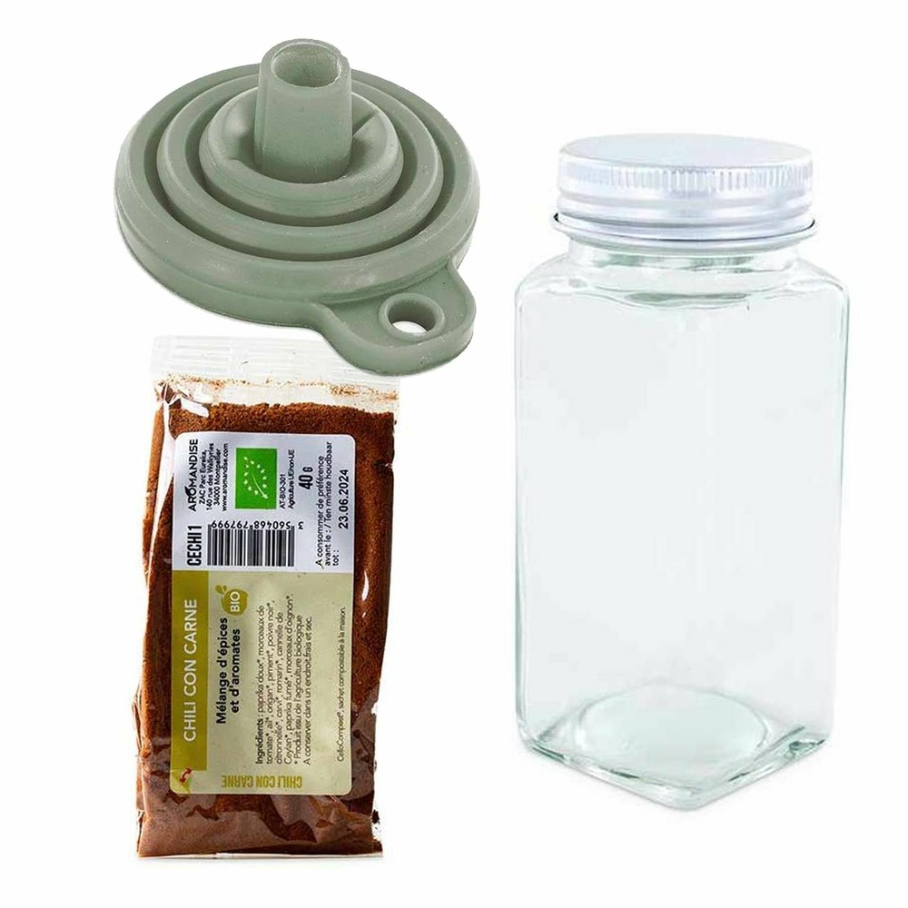 Flacon à épices poudreur + entonnoir + chili con carne 40 g | Truffaut Flacon à épices poudreur + entonnoir + chili con carne 40 g | Truffaut