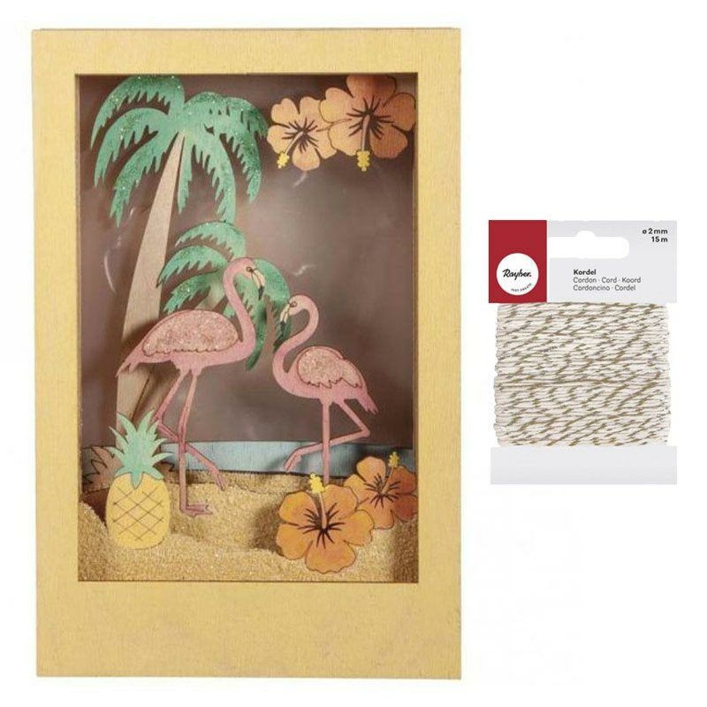 Cadre 3d en bois flamant 20 x 30 x 6,7 cm + ficelle dorée & blanche ...