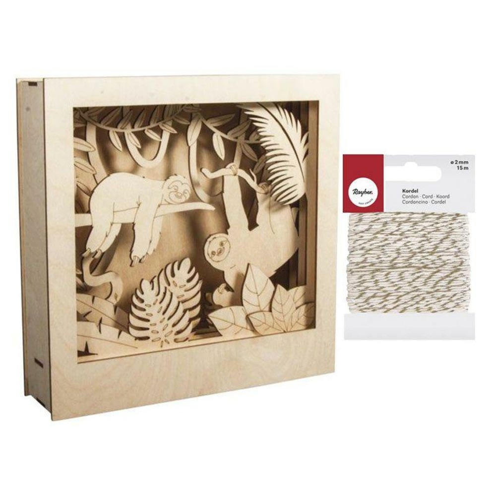 Cadre 3d en bois paresseux 24 x 24 x 6,5 cm + ficelle dorée & blanche ...
