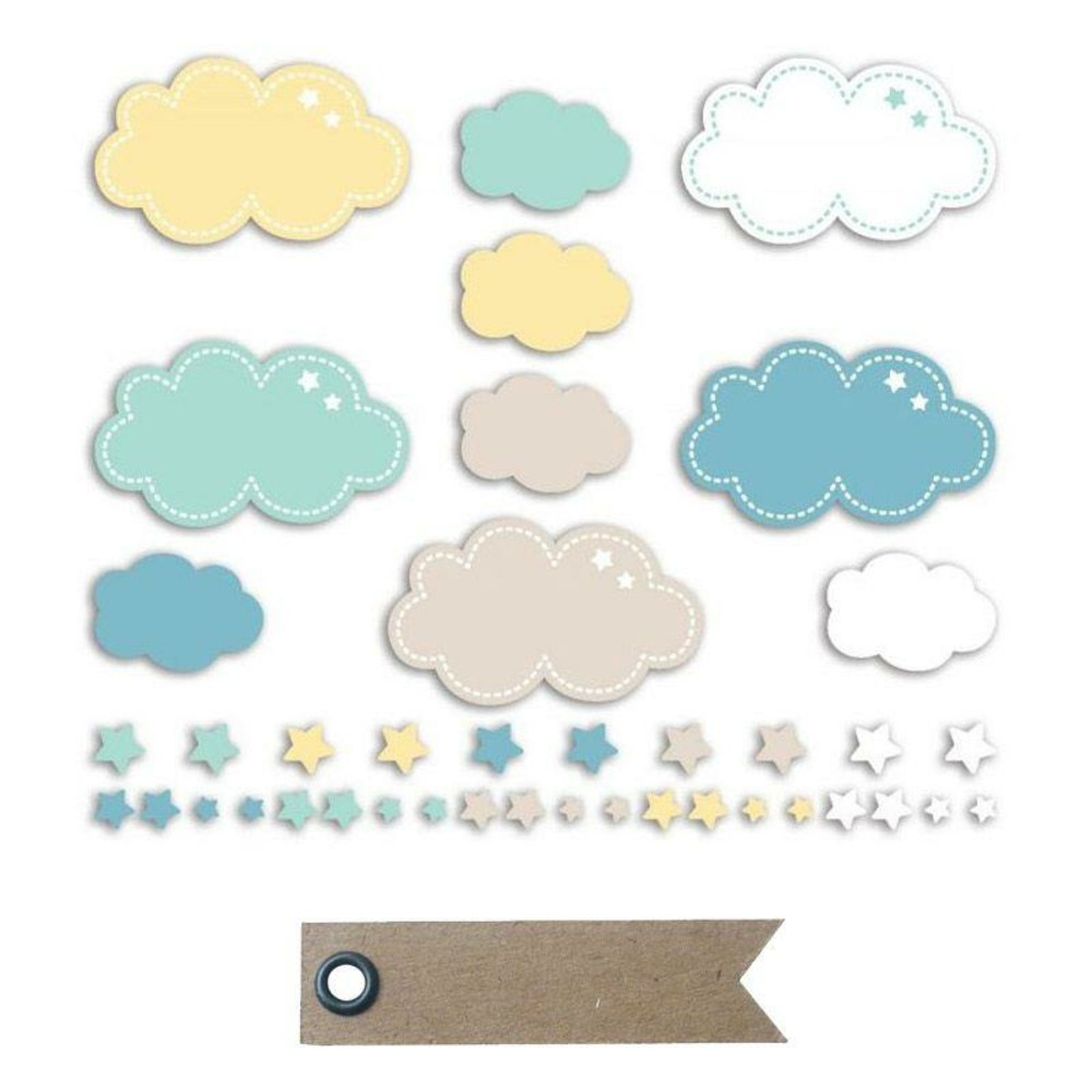 20 formes découpées nuages et étoiles + 20 étiquettes kraft fanion ...