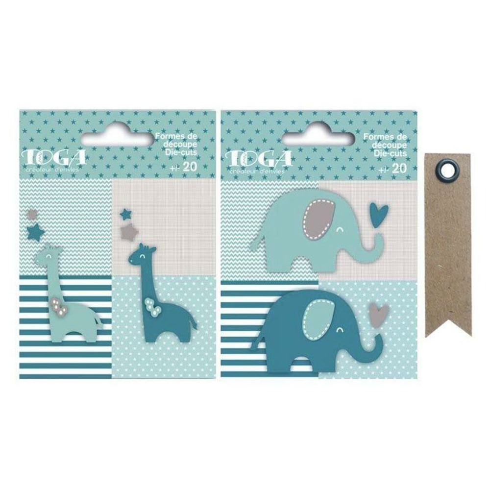 40 formes découpées éléphants et girafes bleus + 20 étiquettes kraft ...