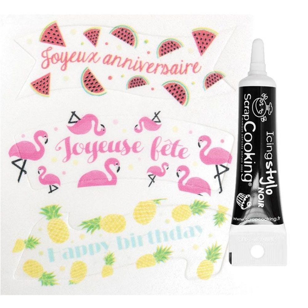 Décorations azyme joyeux anniversaire tropical + stylo glaçage noir ...