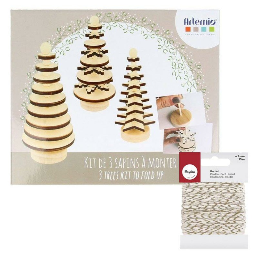 Coffret sapins de noël en bois + ficelle dorée & blanche | Truffaut