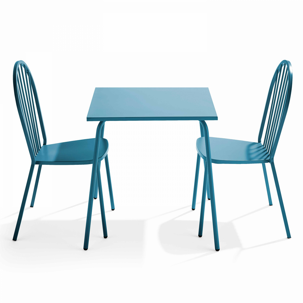 Ensemble table de jardin bistrot et 2 chaises en acier bleu pacific ...
