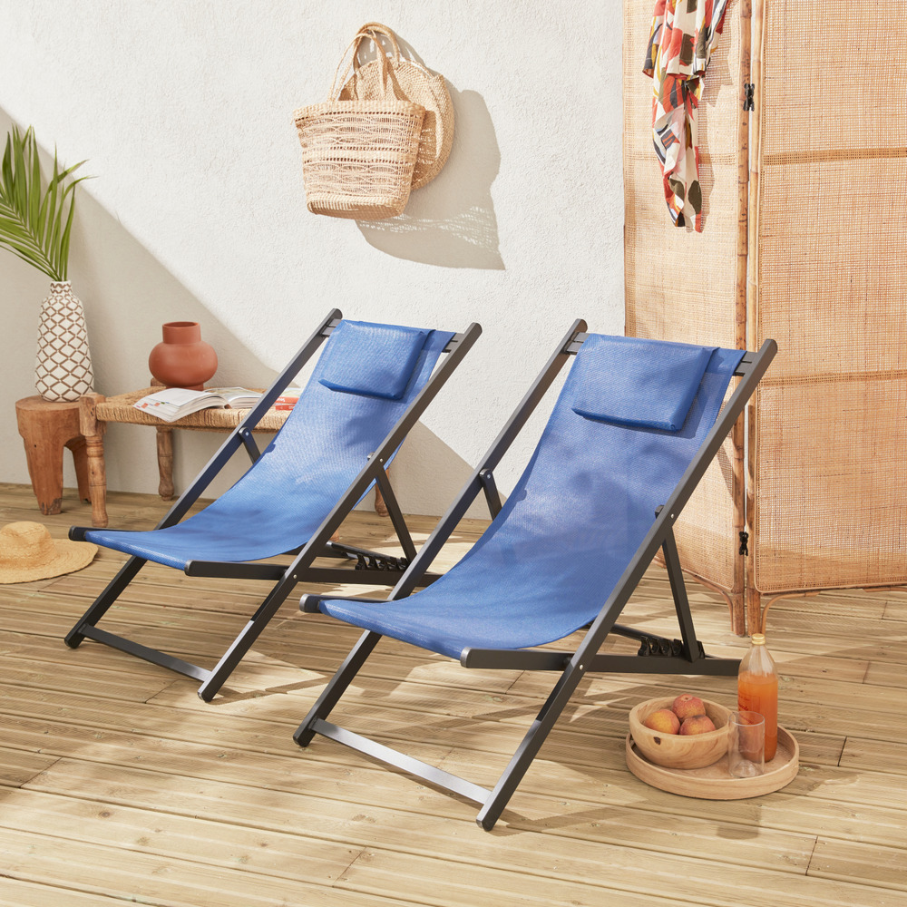 Lot de 2 bains de soleil - gaia bleu nuit - transat en aluminium gris ...