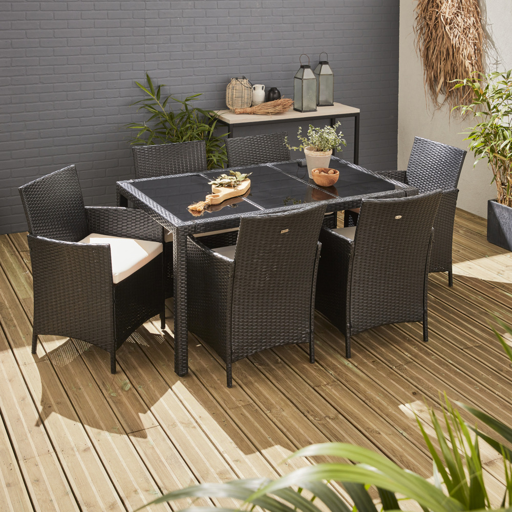 Salon de jardin 6 places - tavola 6 noir - résine tressée. Table 150cm ...