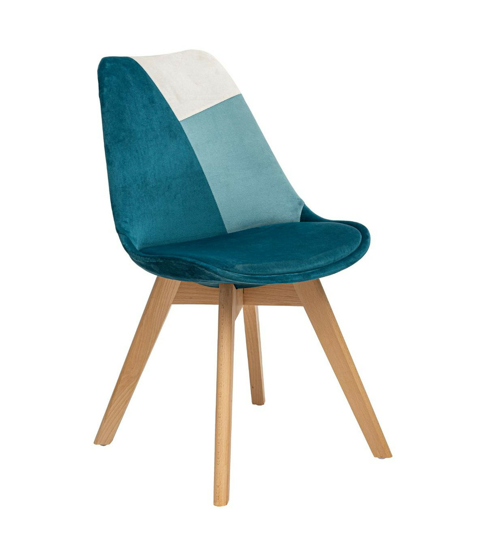 Chaise de salle à manger assise patchwork bleu et pieds en bois de hêtre | Truffaut