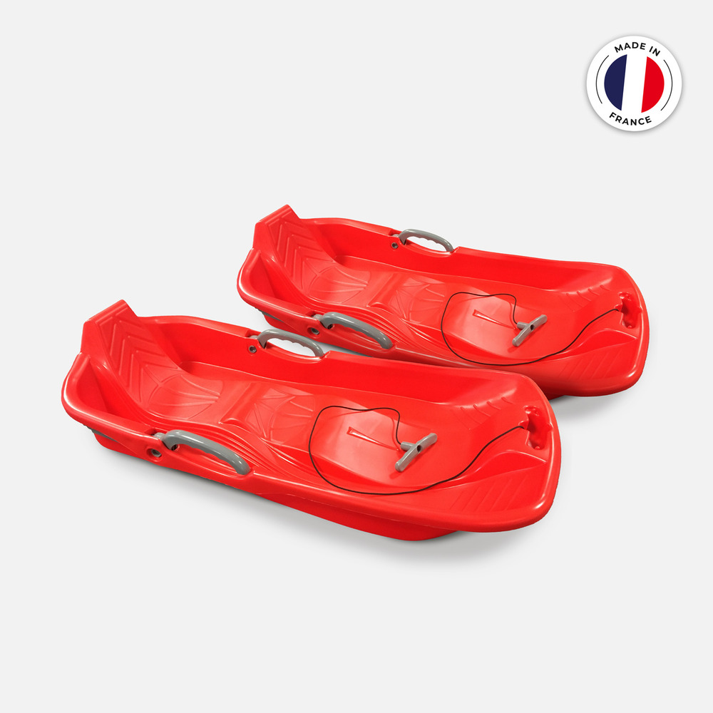 Lot de 2 luges 2 places rouges avec freins. Ficelle et poignée tire ...