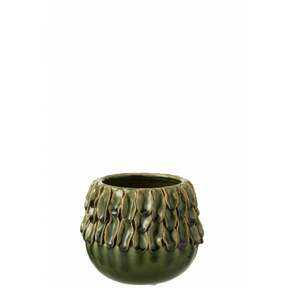 Cache-pot rond en céramique verte avec décoration tropicale | Truffaut