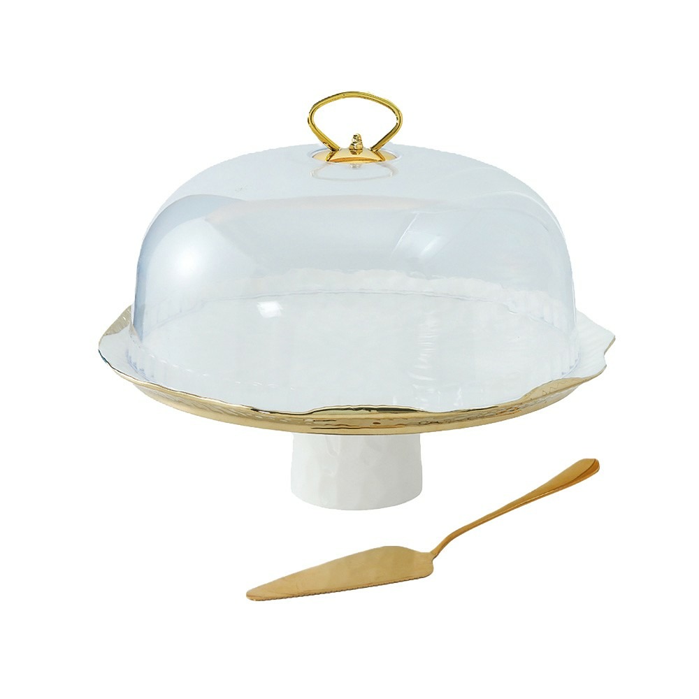 Cloche a gateau en porcelaine blanche bords dores avec pelle a tarte ...