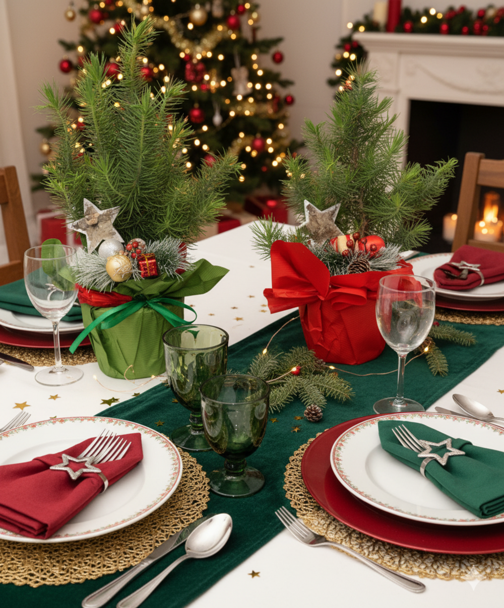 Petit sapin Noel : Pinus p9cm en collerette verte avec décoration ...