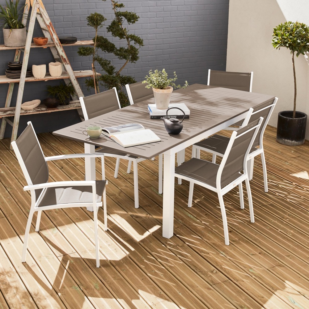 Salon de jardin table extensible - chicago 210 taupe - table en aluminium 150/210cm avec ...