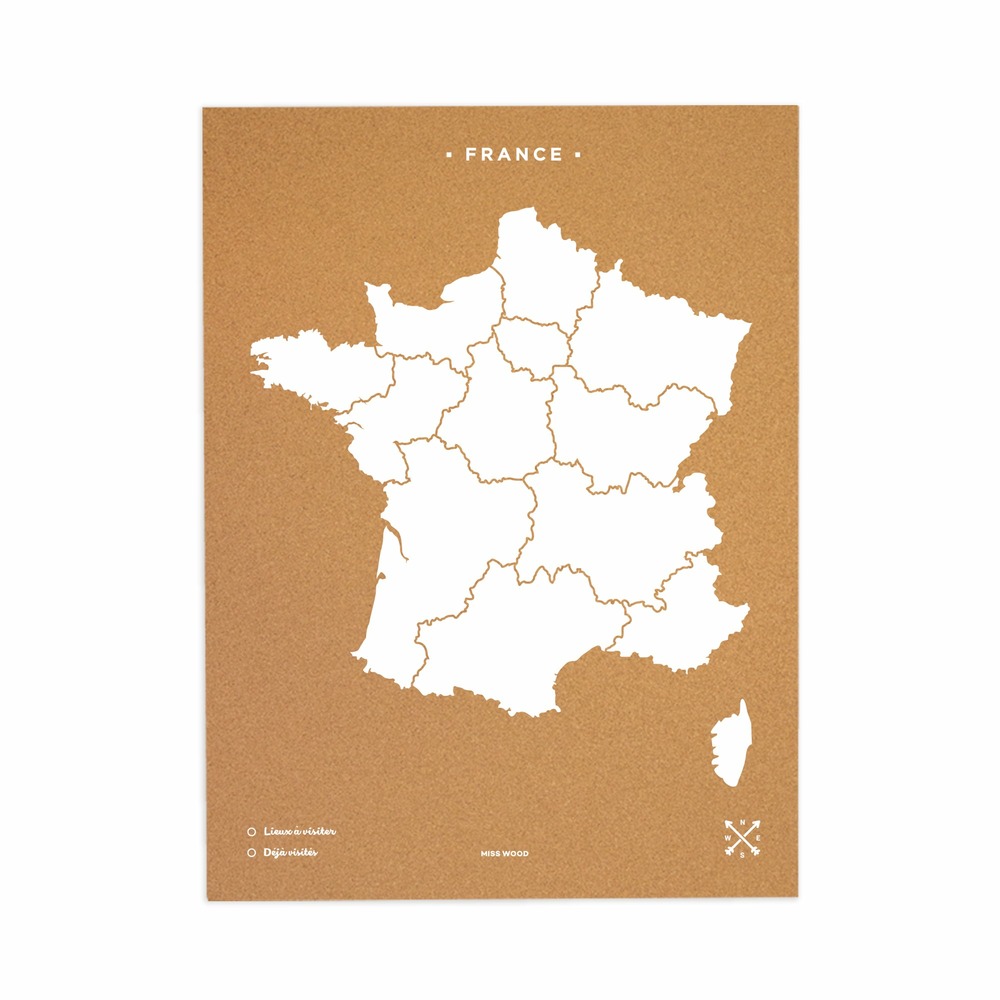 Carte en liège - woody map naturel france / 90 x 60 cm / blanc / sans ...